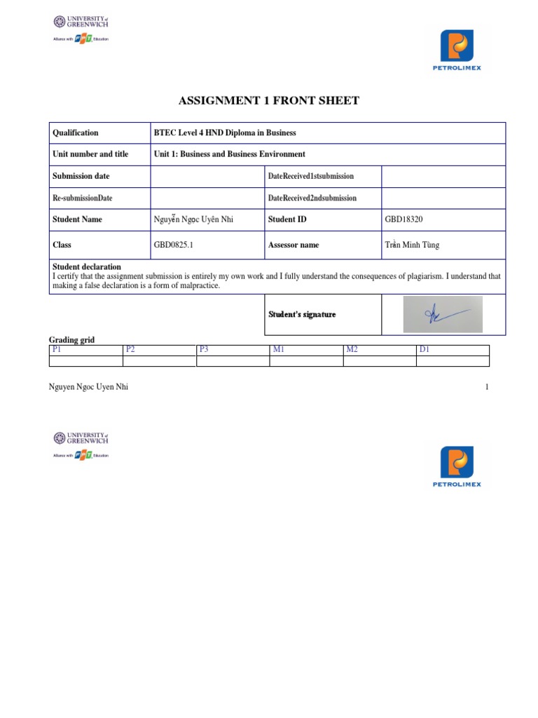 Assignment 1 Front Sheet: Qualification BTEC Level 4 HND Diploma in Business | PDF | Employment ...