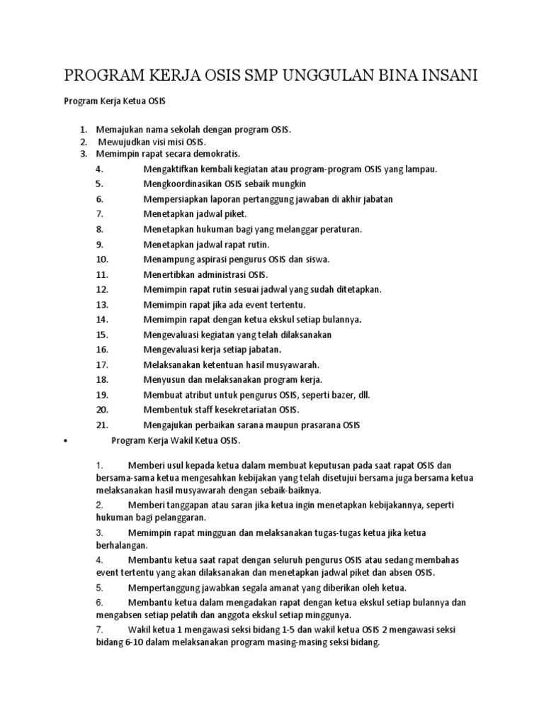 Program Kerja Osis SMP Unggulan Bina Insani | PDF