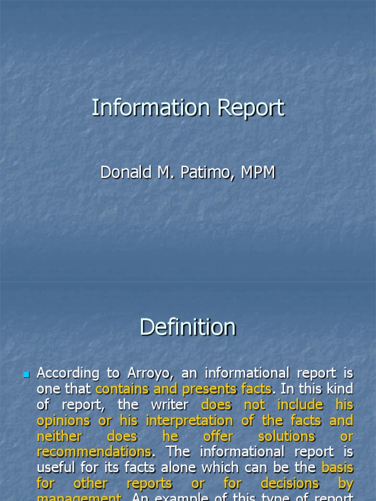 Information Report: Donald M. Patimo, MPM | PDF