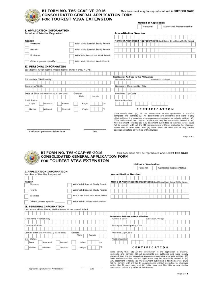 Tourist Visa Extension: Bi Form No. Tvs-Cgaf-Ve-2016 Consolidated ... Tourist Visa Extension: Bi Form No. Tvs-Cgaf-Ve-2016 Consolidated ...