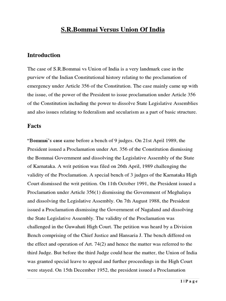 S.R. Bommai vs. Union of India Case Summary | PDF | European Convention ...