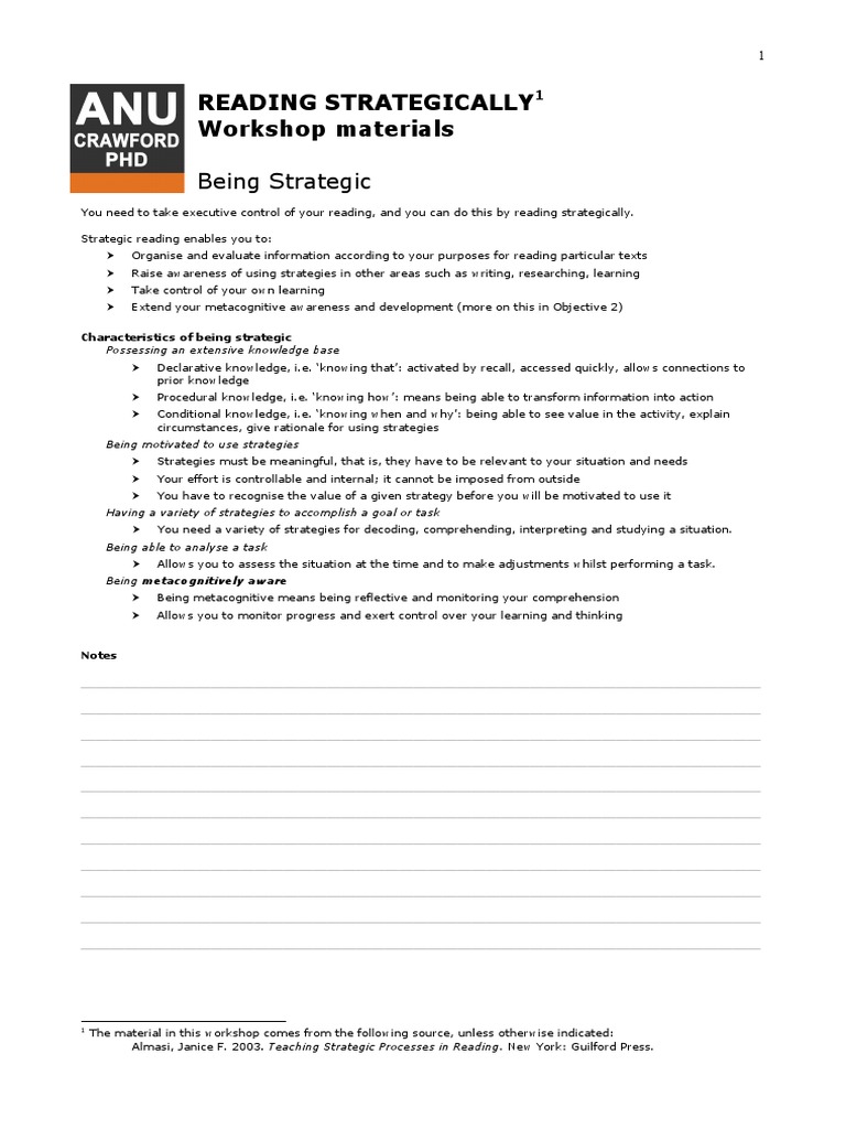 Reading Strategically Workshop Notes | PDF | Metacognition | Reading ...