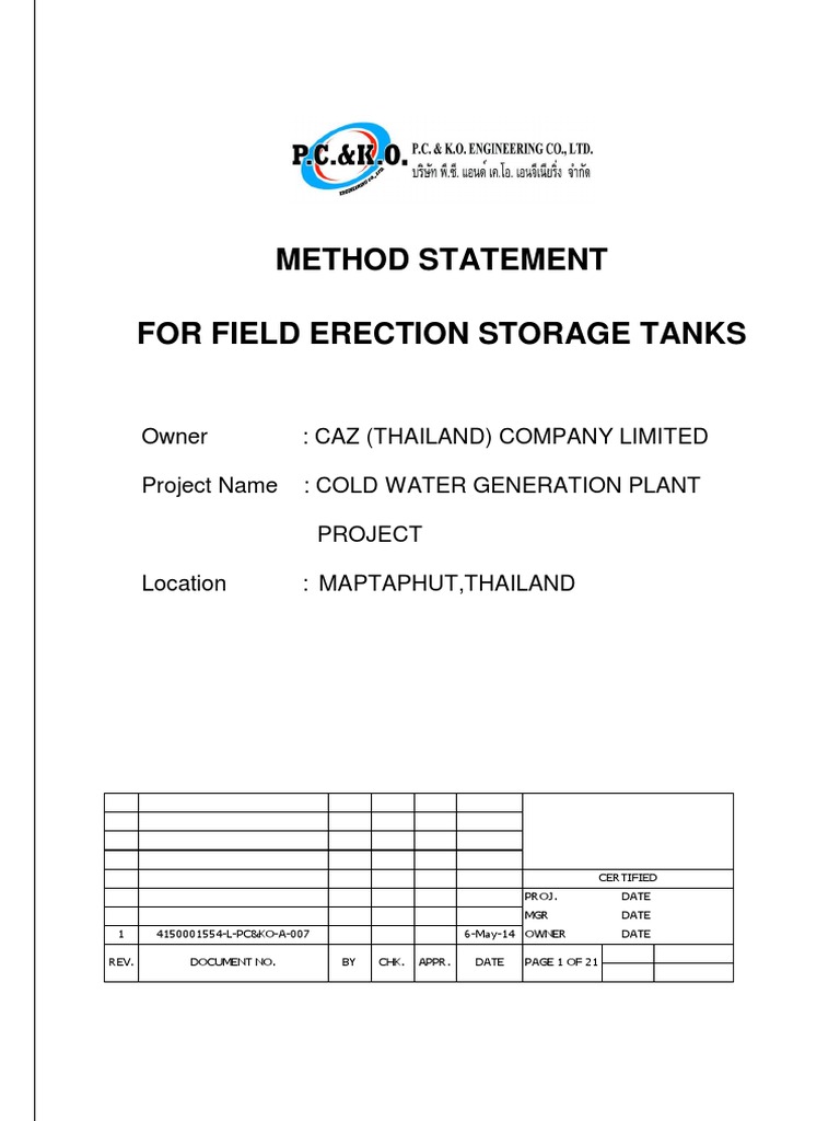 Method Statement For Field Erection Storage Tanks | PDF | Welding ...