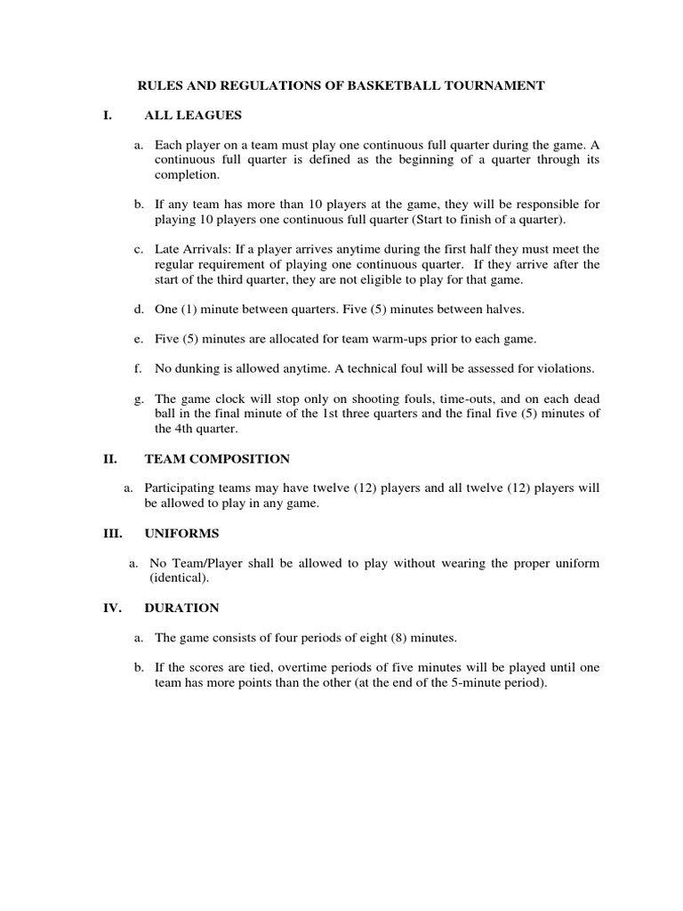 Rules and Regulations of Basketball Tournament I. All Leagues | PDF ...