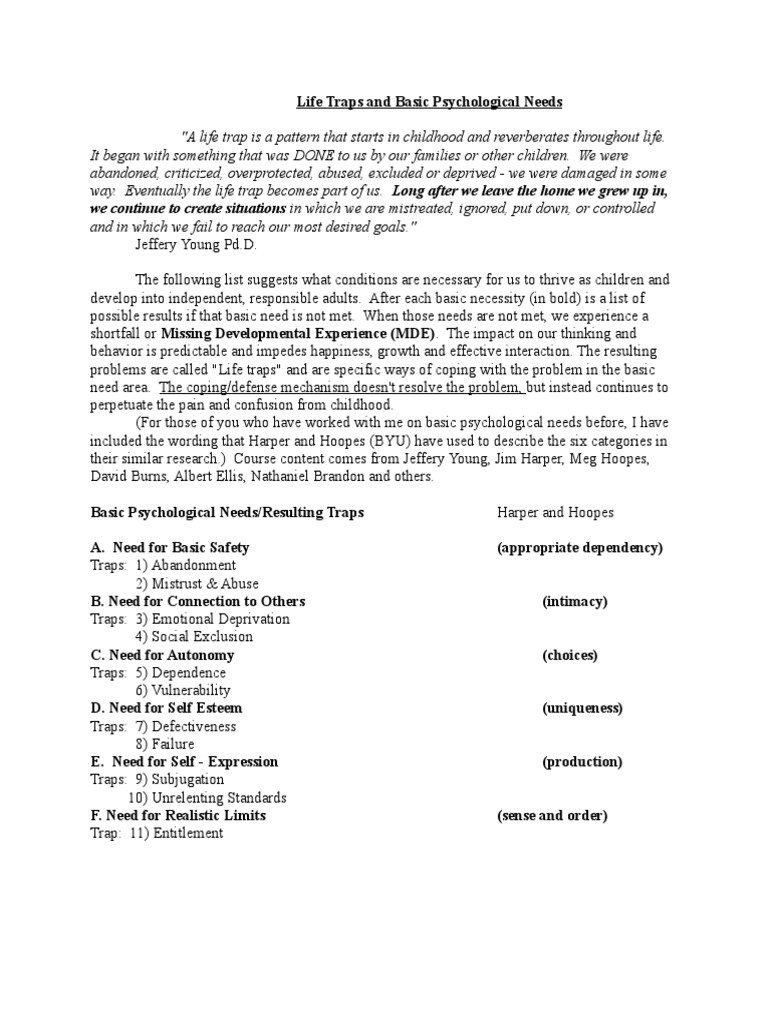 Life Traps Basic Needs | PDF | Feeling | Childhood