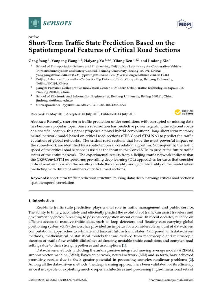 Sensors: Short-Term Traffic State Prediction Based On The ...