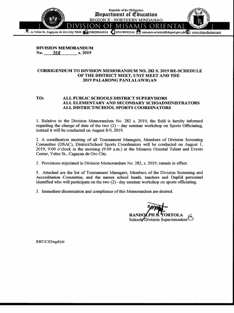 Corrigendum Deped Memo | PDF | Competition | Summer Olympic Games