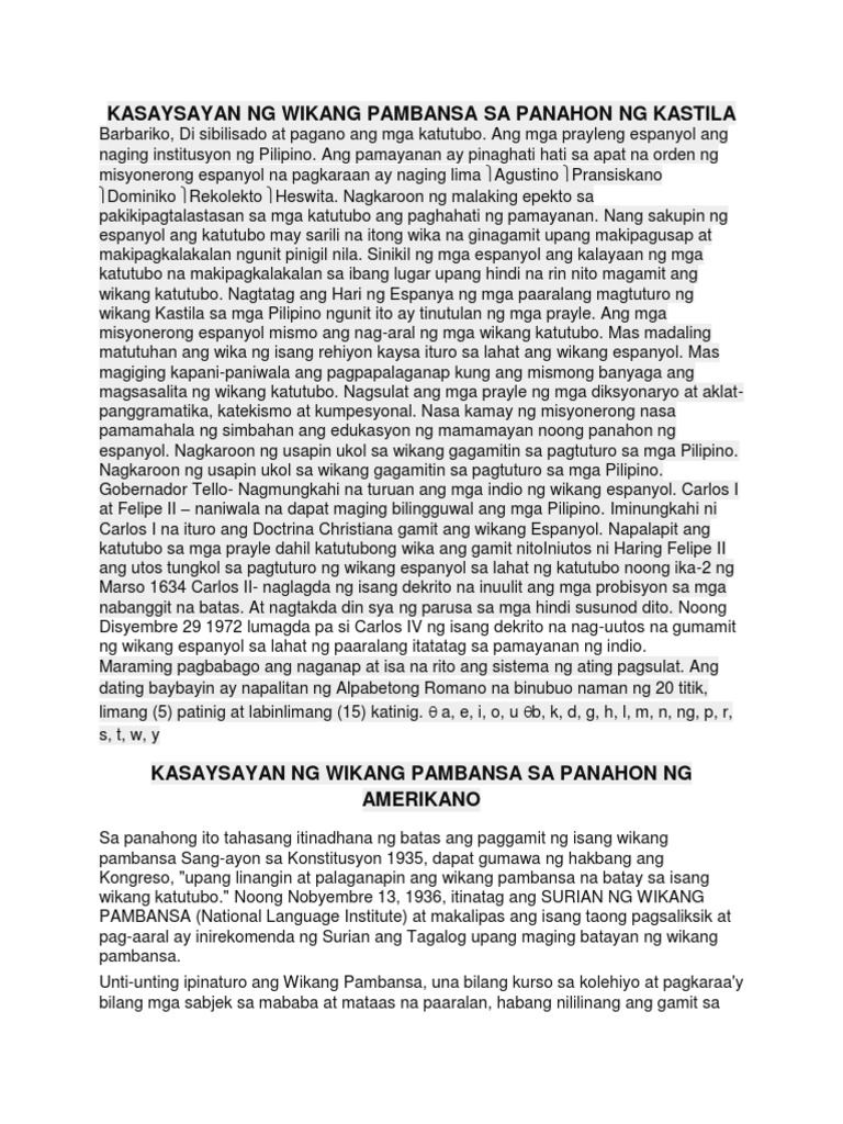 Kasaysayan NG Wikang Pambansa Sa Panahon NG Kastila | PDF
