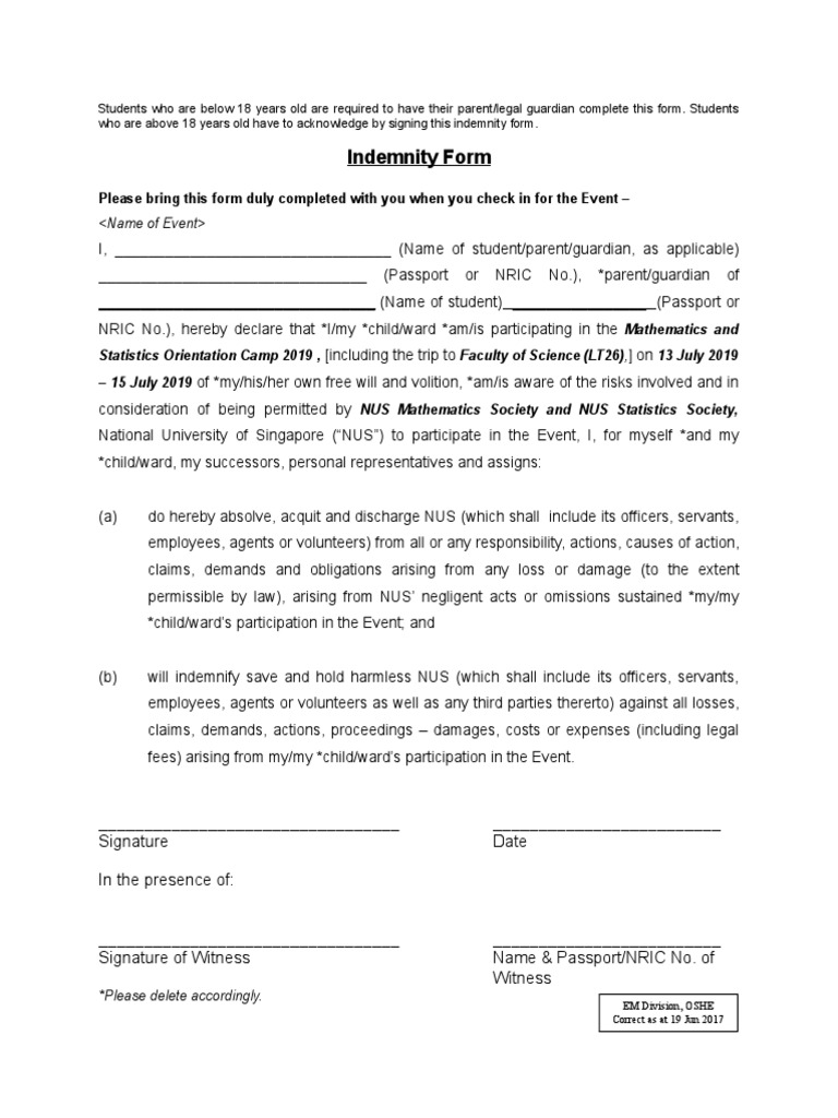 Indemnity Form: Please Bring This Form Duly Completed With You When You Check in For The Event ...
