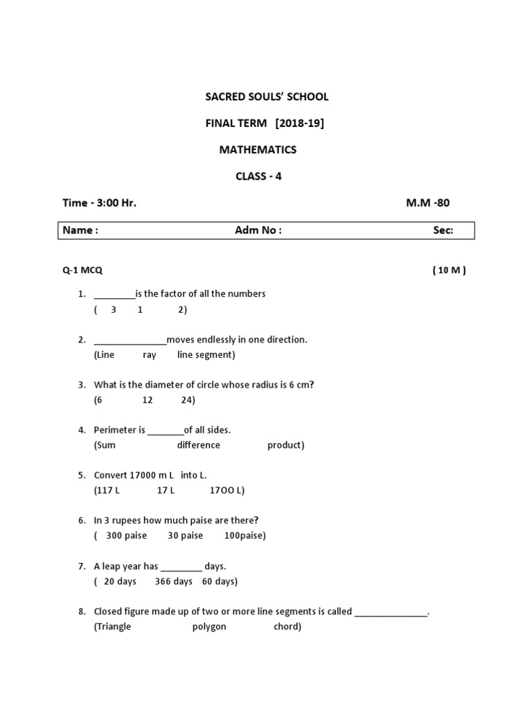 Final Paper Class 4 | PDF | Fraction (Mathematics) | Circle