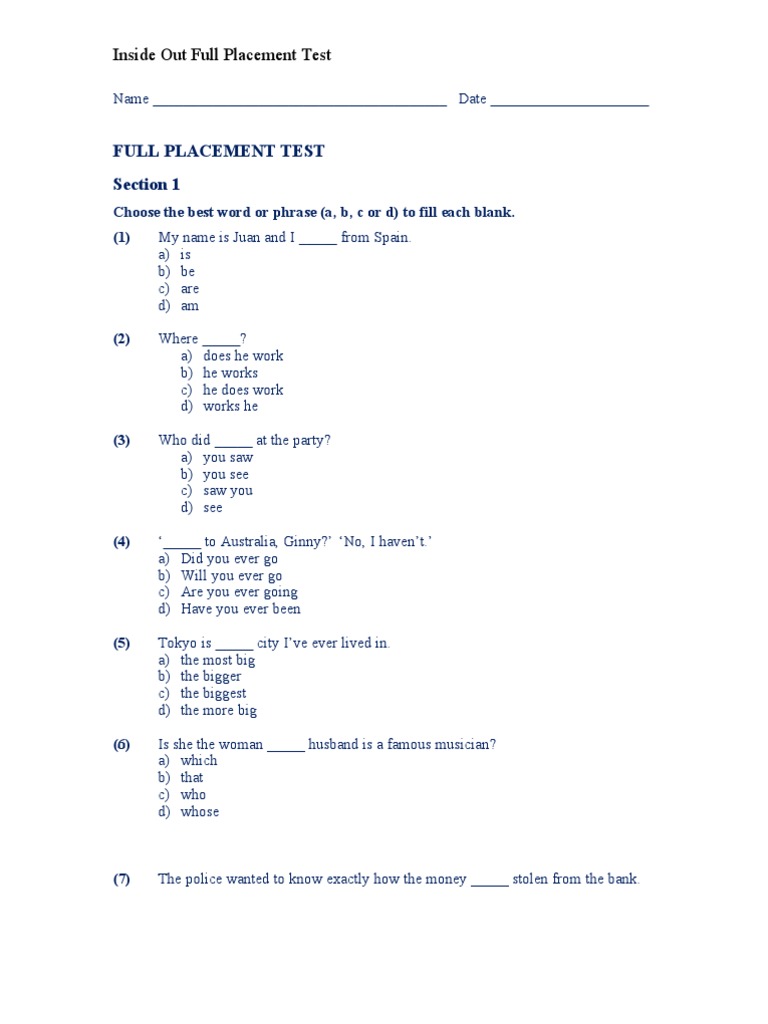 Full Placement Test | PDF | Tourism | English Language