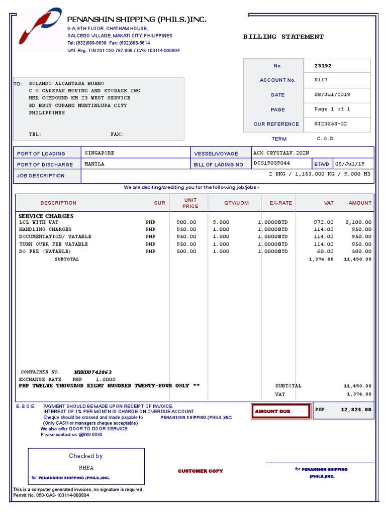 Penanshin Shipping (Phils.) Inc.: Billing Statement | PDF | Cheque | Invoice