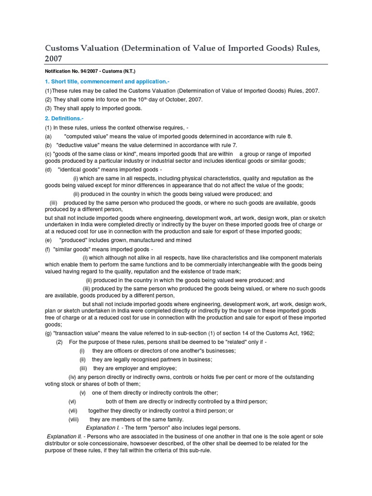 Customs Valuation Rules 2007 | PDF | Prices | Sales