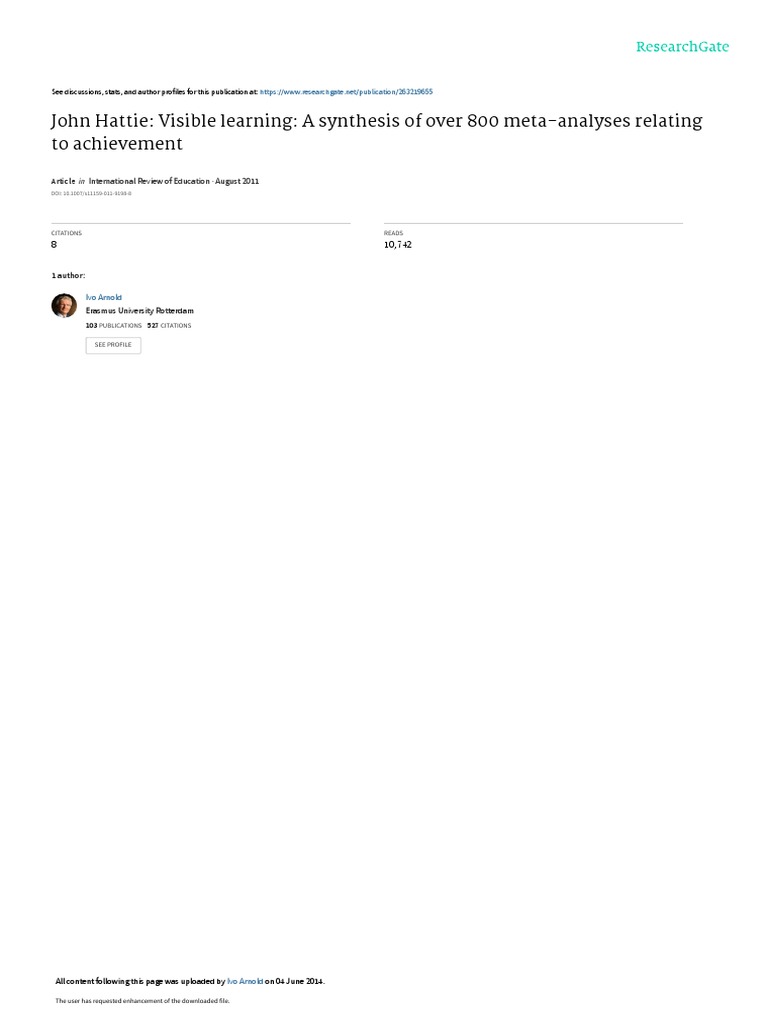 John Hattie Visible Learning A Synthesis of Over 8 | PDF | Meta ...