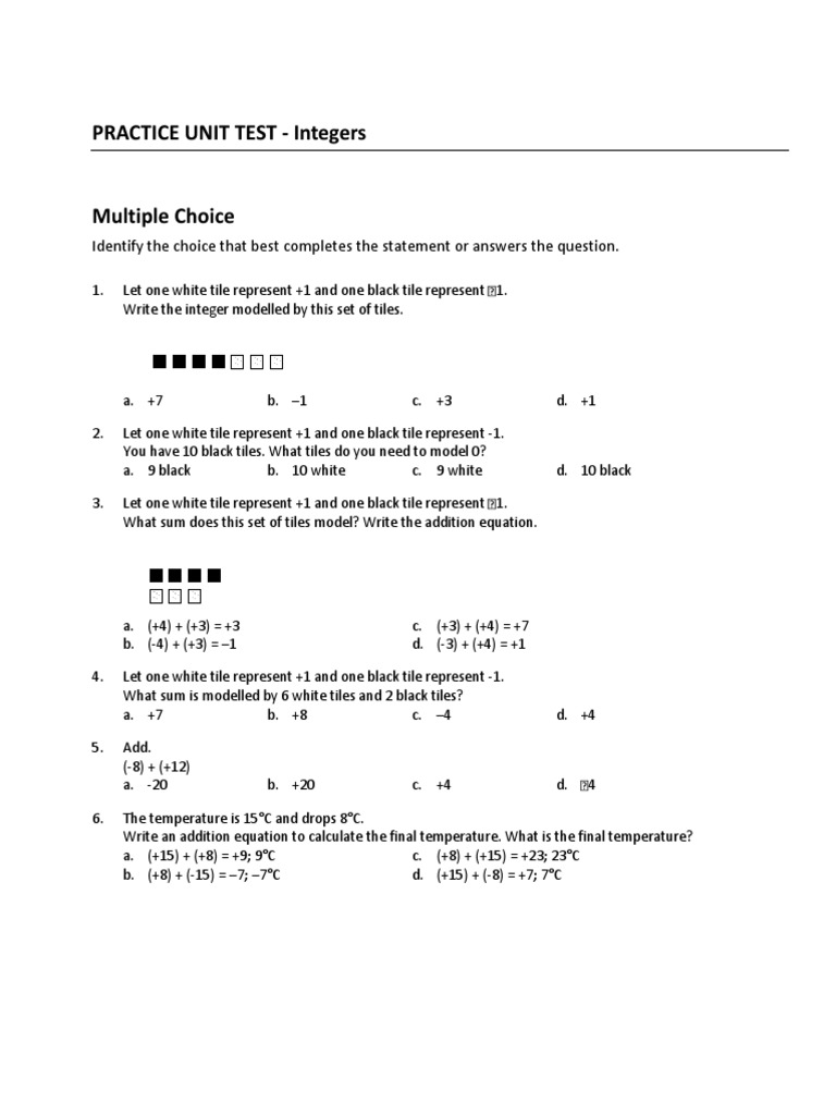 Practice Unit Test - Integers: Identify The Choice That Best Completes ...