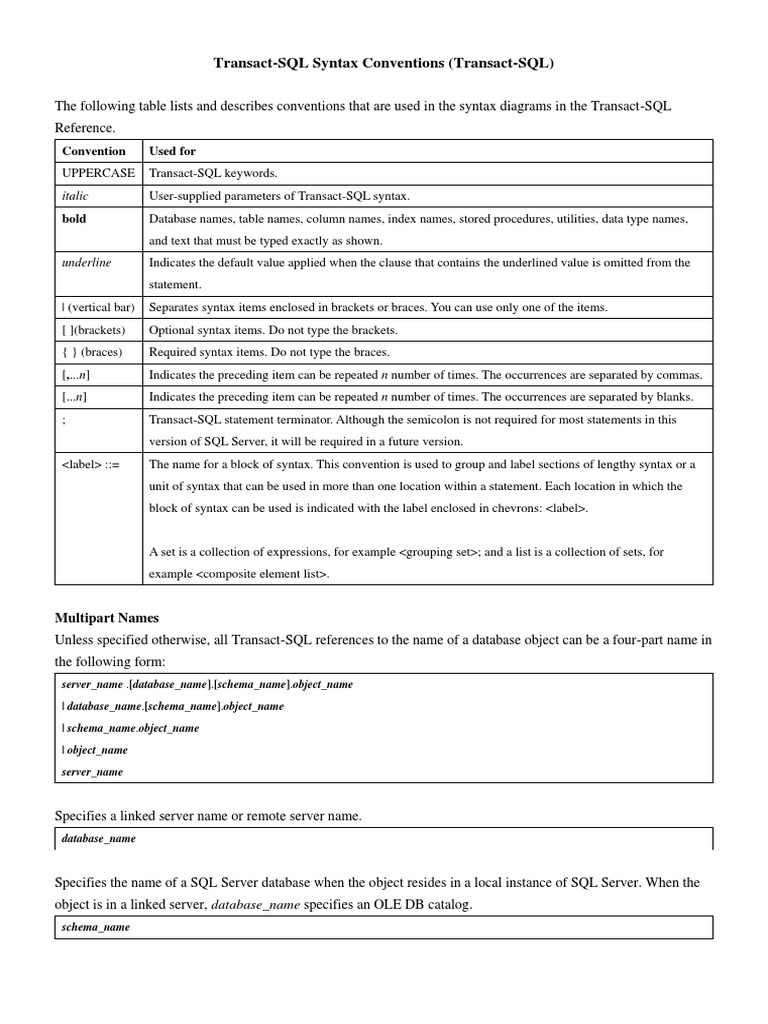 Transact Sql Syntax Conventions Transact Sql Download Free Pdf Bracket Microsoft Sql Server
