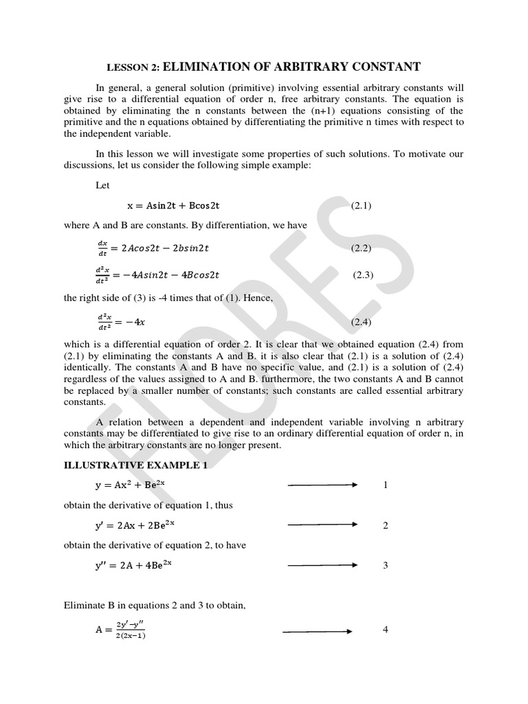 elimination of arbitrary constant | Differential Equations | Equations