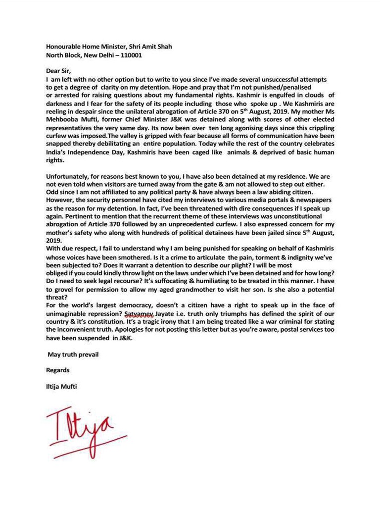 Intija Mufti Letter To Amit Shah | PDF