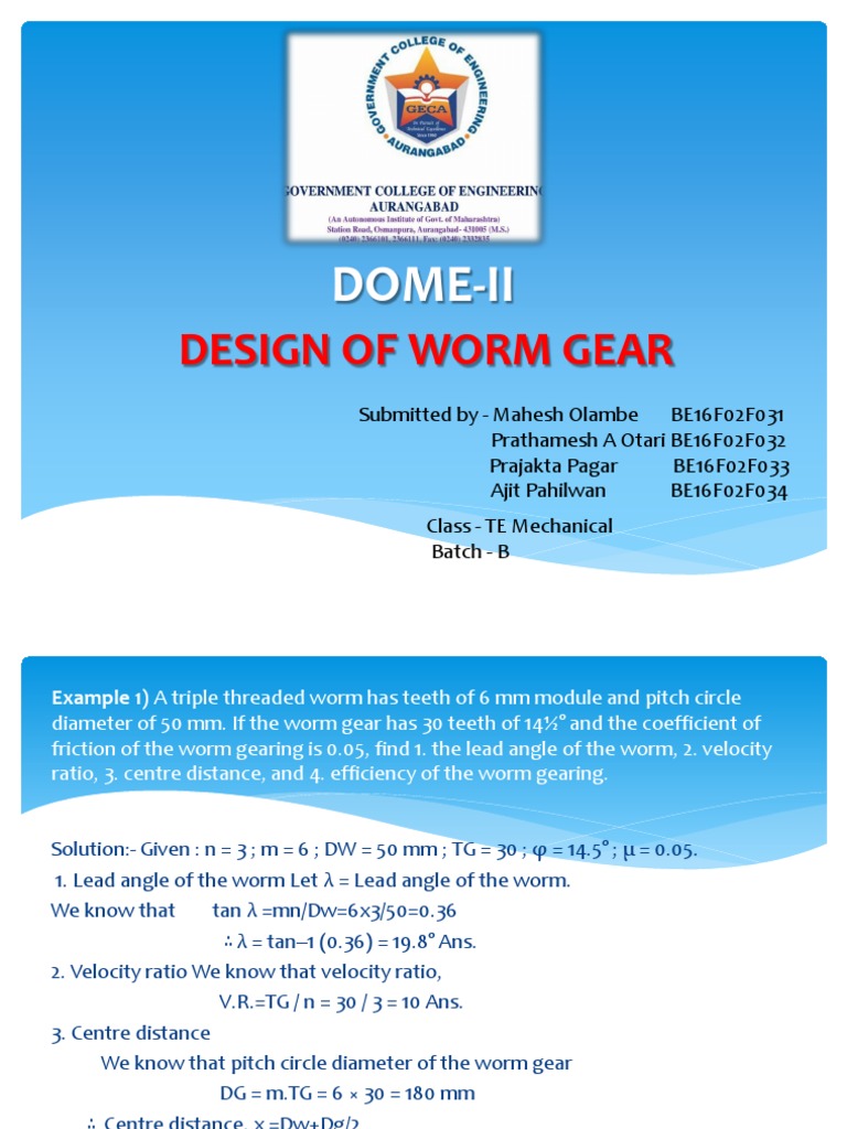 Design of Worm Gear: Dome-Ii | PDF