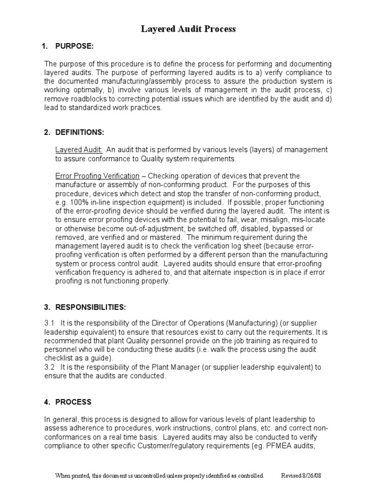 Layered Audit Process 1 Purpose Pdf Verification And Validation