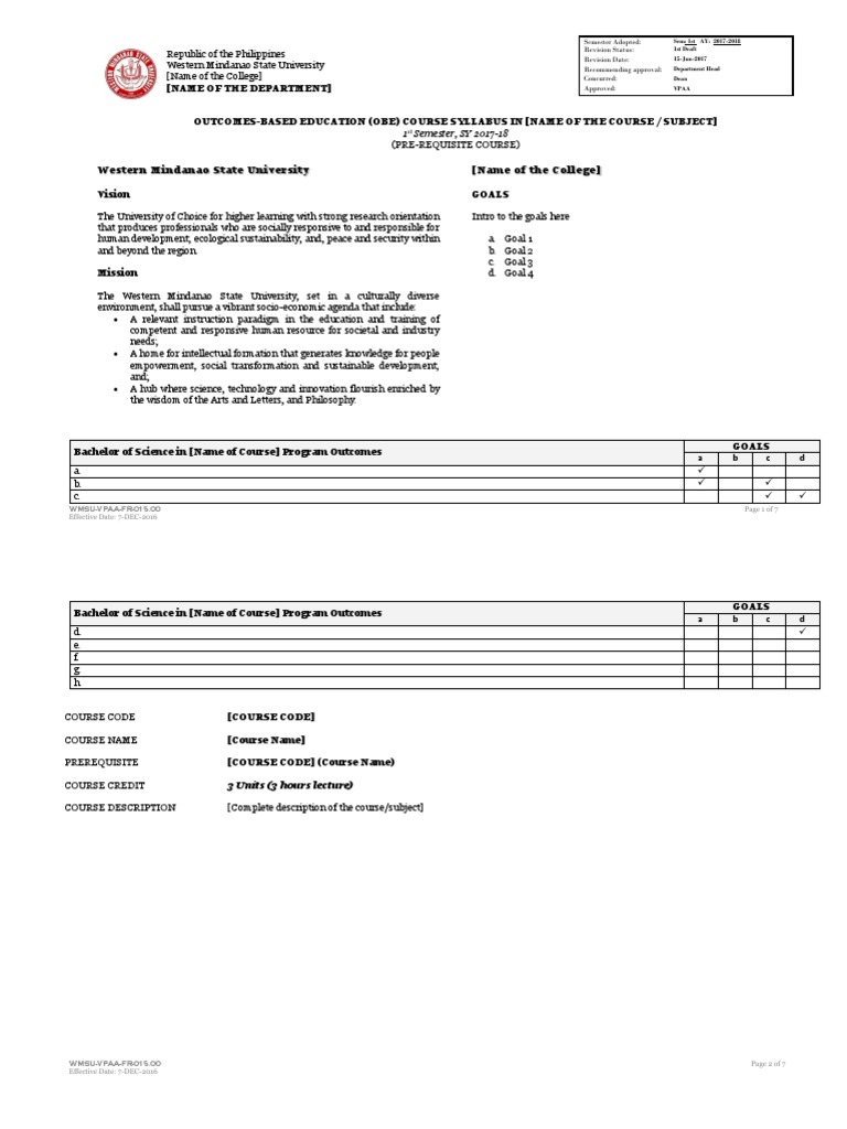 Obe Syllabus Template (Wmsu Vpaa FR 015) | PDF | Academic Term | Test ...
