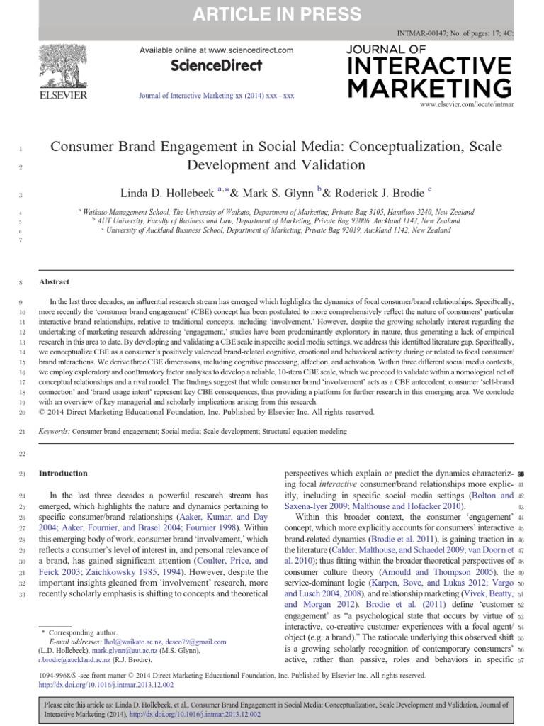 Consumer Brand Engagement in Social Media - Hollebeek Glynn Brodie 2014 ...