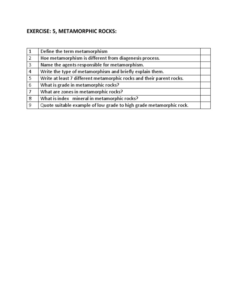 Exercise: 5, Metamorphic Rocks | PDF