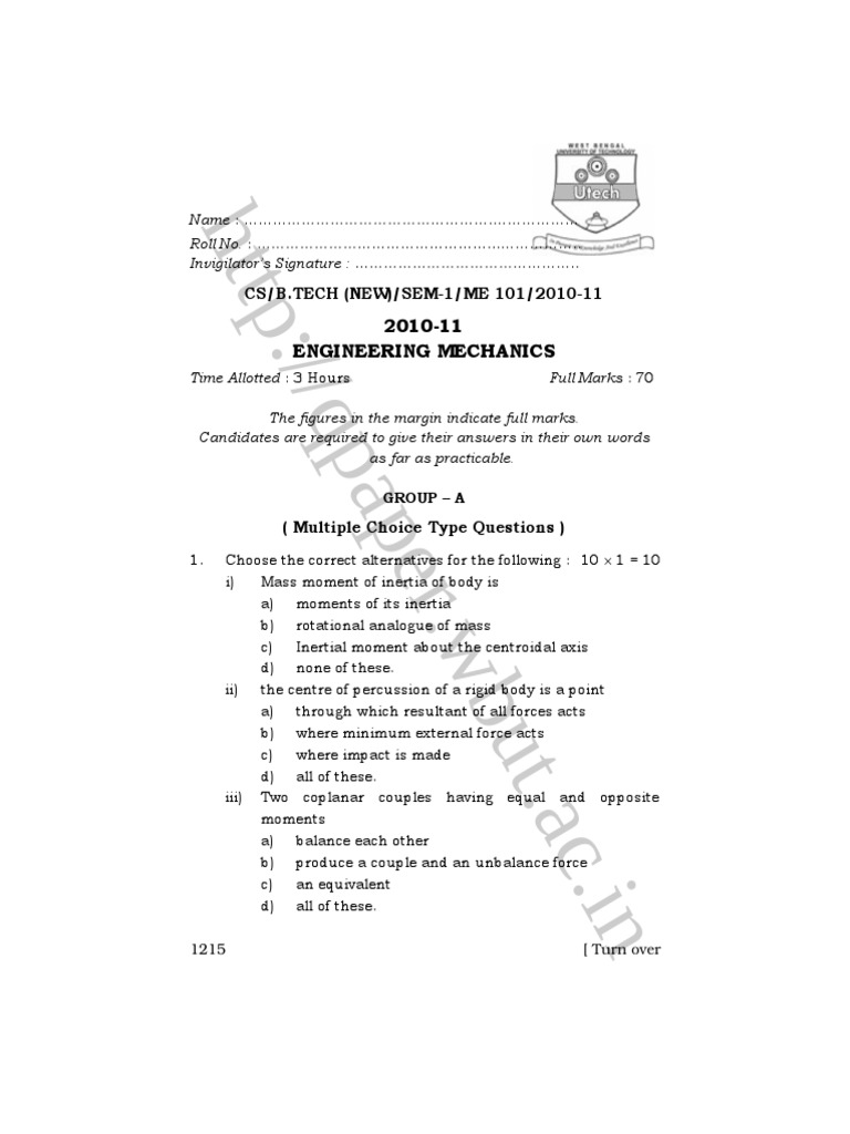 Mechanics Question Paper MAKAUT | PDF | Deformation (Mechanics) | Force