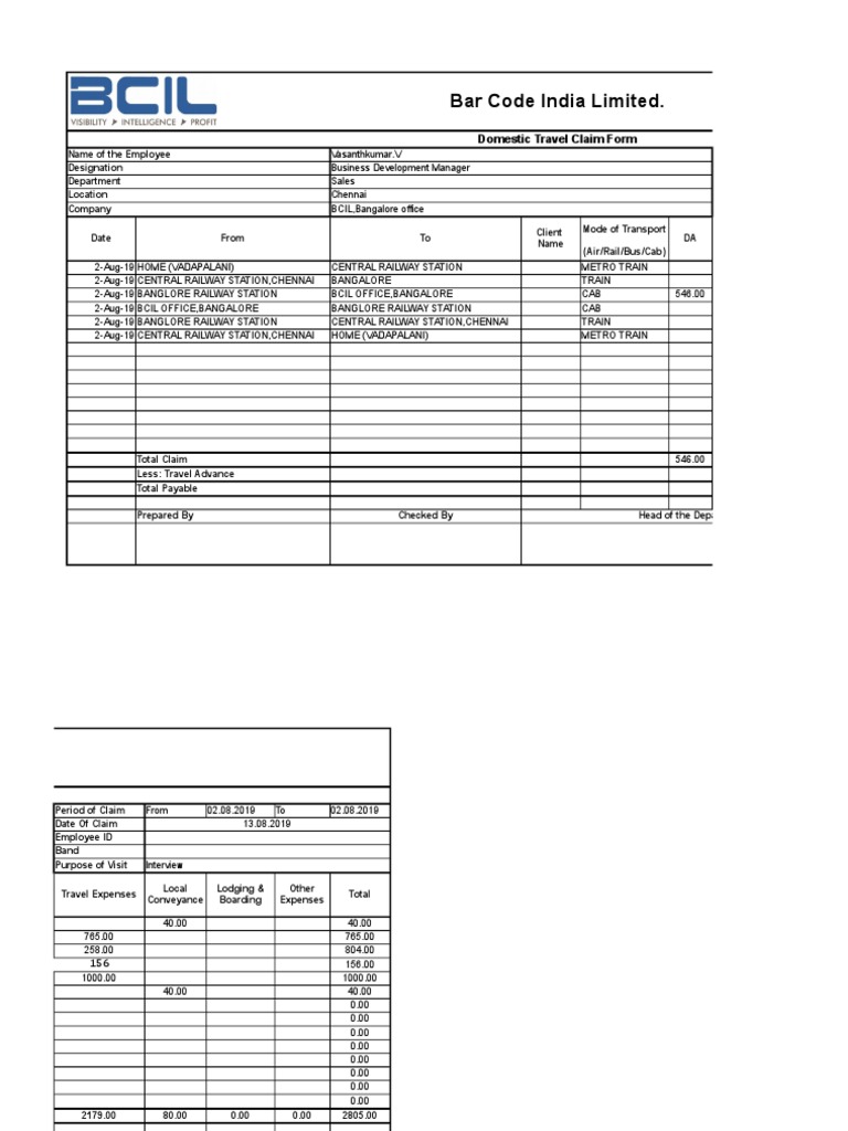 Bar Code India Limited.: Domestic Travel Claim Form | Download Free PDF ...