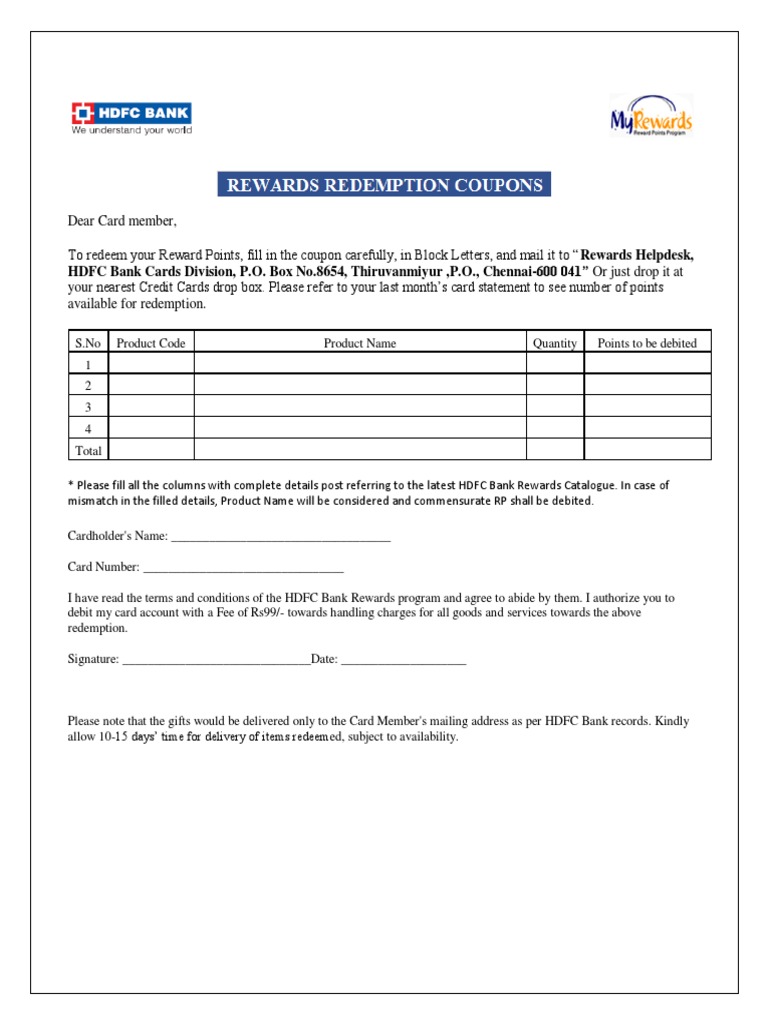 Instructions for Redeeming Reward Points and Request Form for HDFC Bank ...
