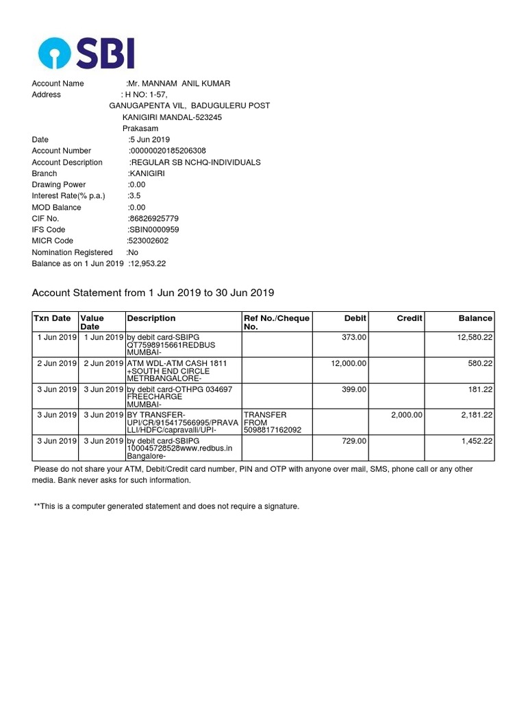 Account Statement From 1 Jun 2019 To 30 Jun 2019 Txn Date Value Date Description Ref No Cheque