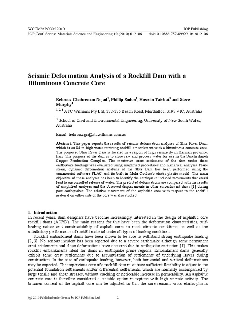 Seismic Deformation Analysis of A Rockfill Dam With A Bituminous Concrete Core | PDF | Stress ...