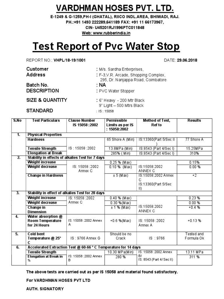 Test Report of PVC Water Stop: Customer: Address: Batch No.: Na ...