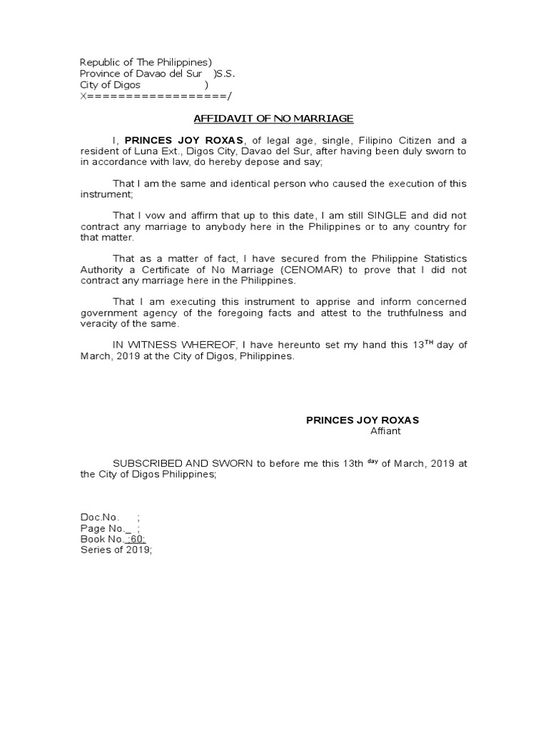 Affidavit of No MARRIAGE | PDF