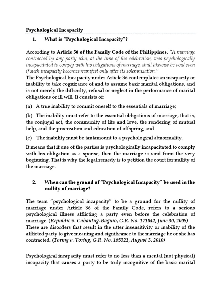 Psychological Incapacity 1. What Is "Psychological Incapacity"? | PDF ...