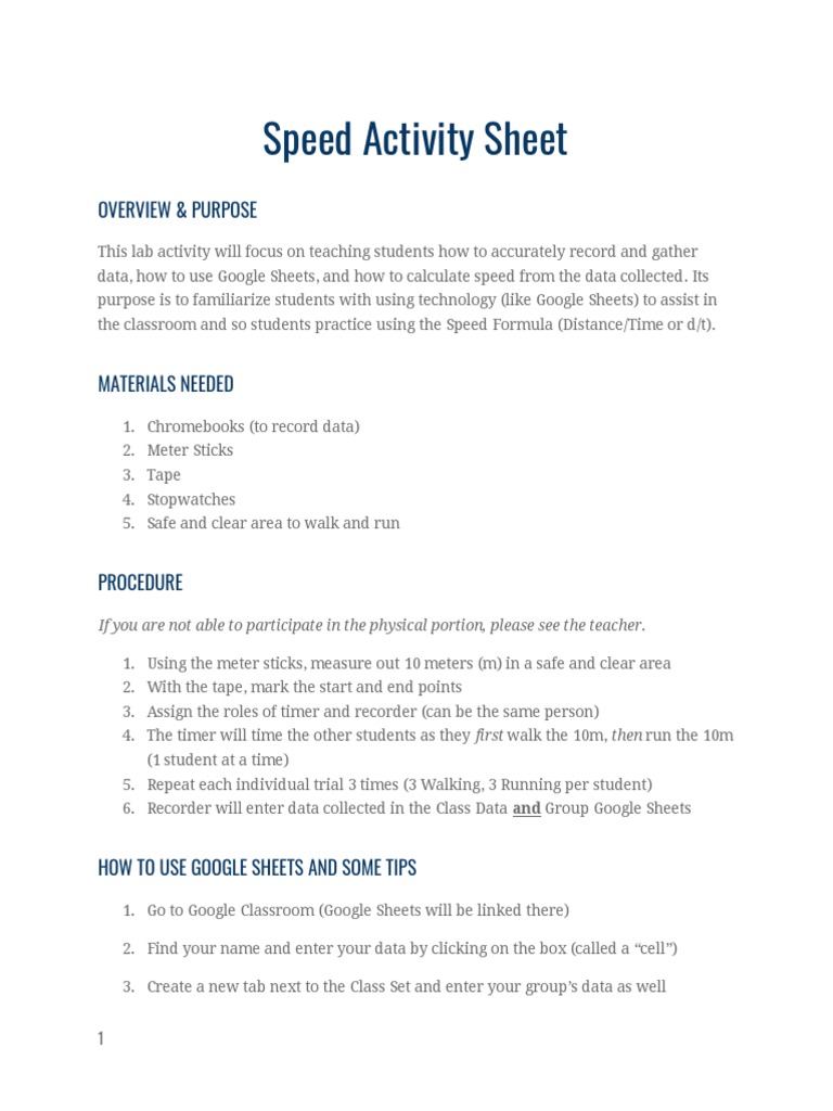 Speed Activity Sheet | PDF
