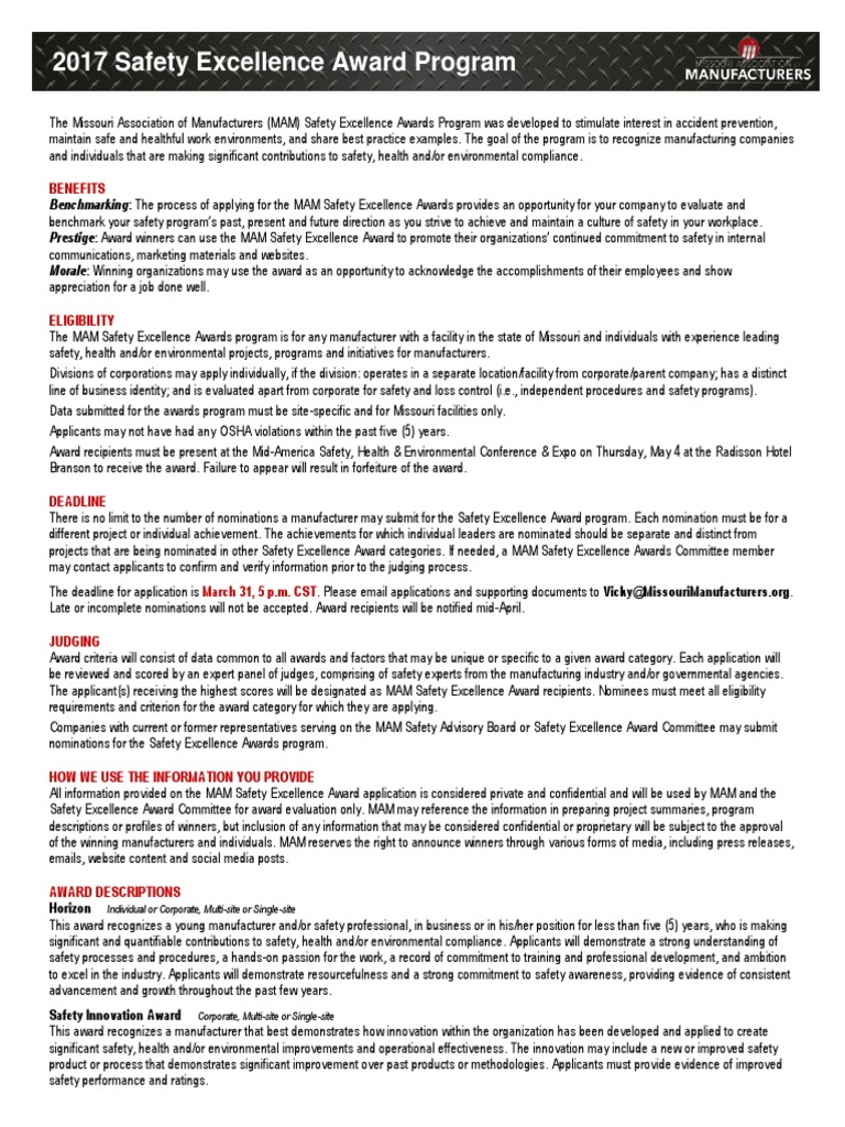 2017 Safety Awards Descriptions Application | PDF | Occupational Safety ...