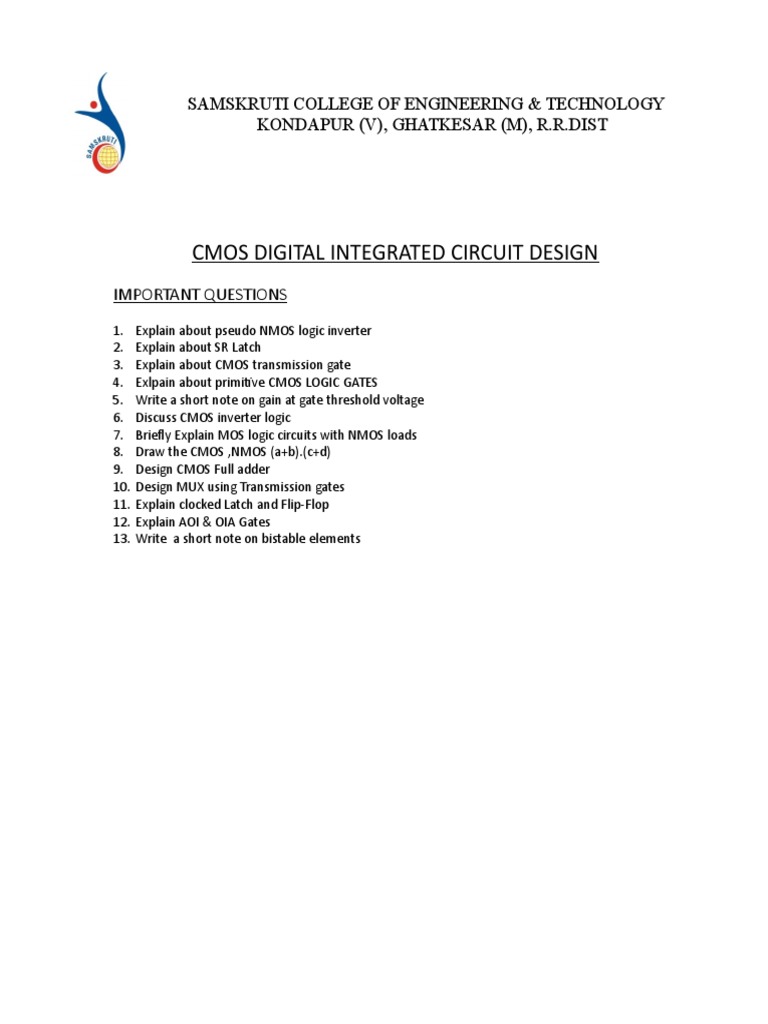 CMOS Digital Circuit Design Questions | PDF | Science & Mathematics ...