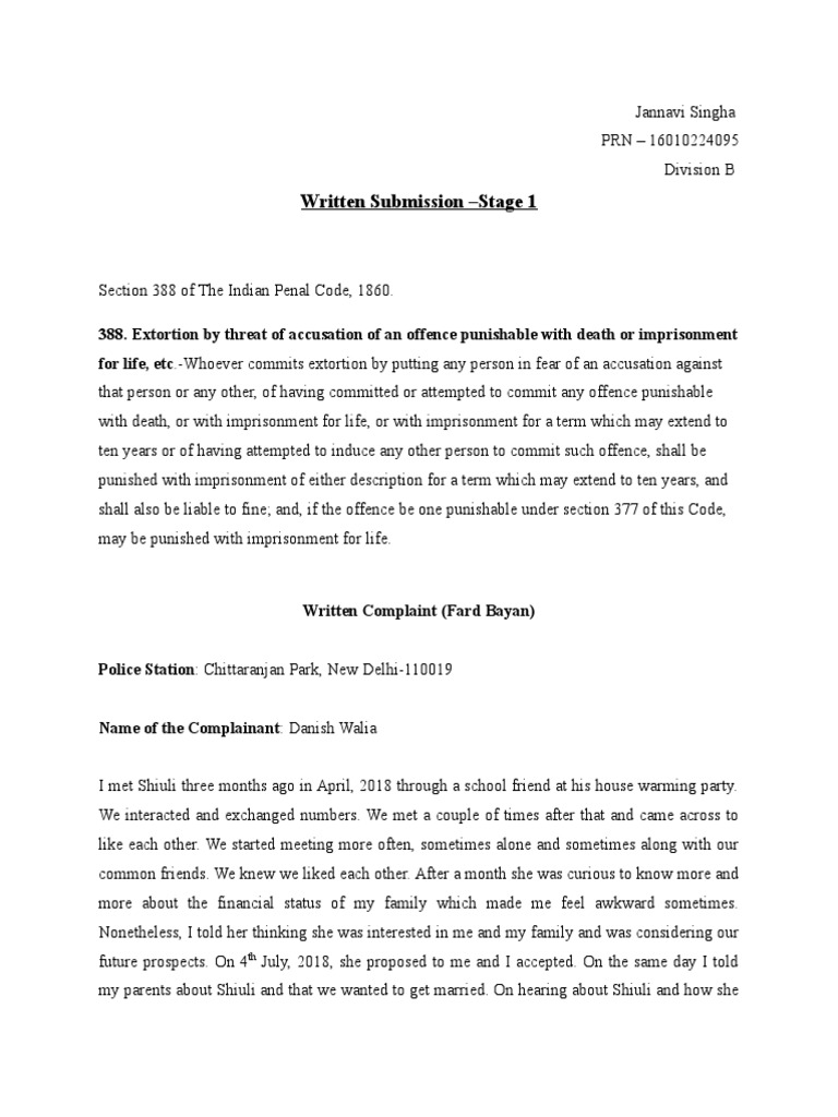 Written Submission - Stage 1 | PDF | Extortion | Crime & Violence