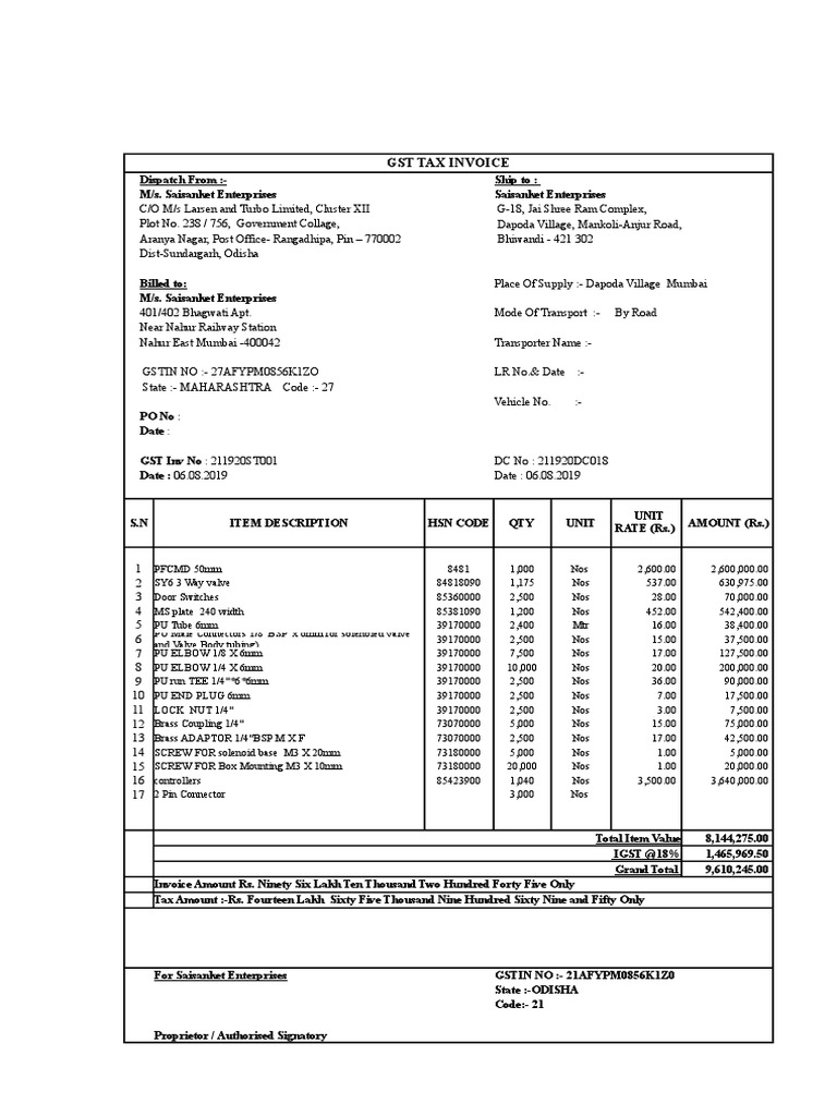 GST Invoice No.211920ST001 Mumbai | PDF | Manufactured Goods ...