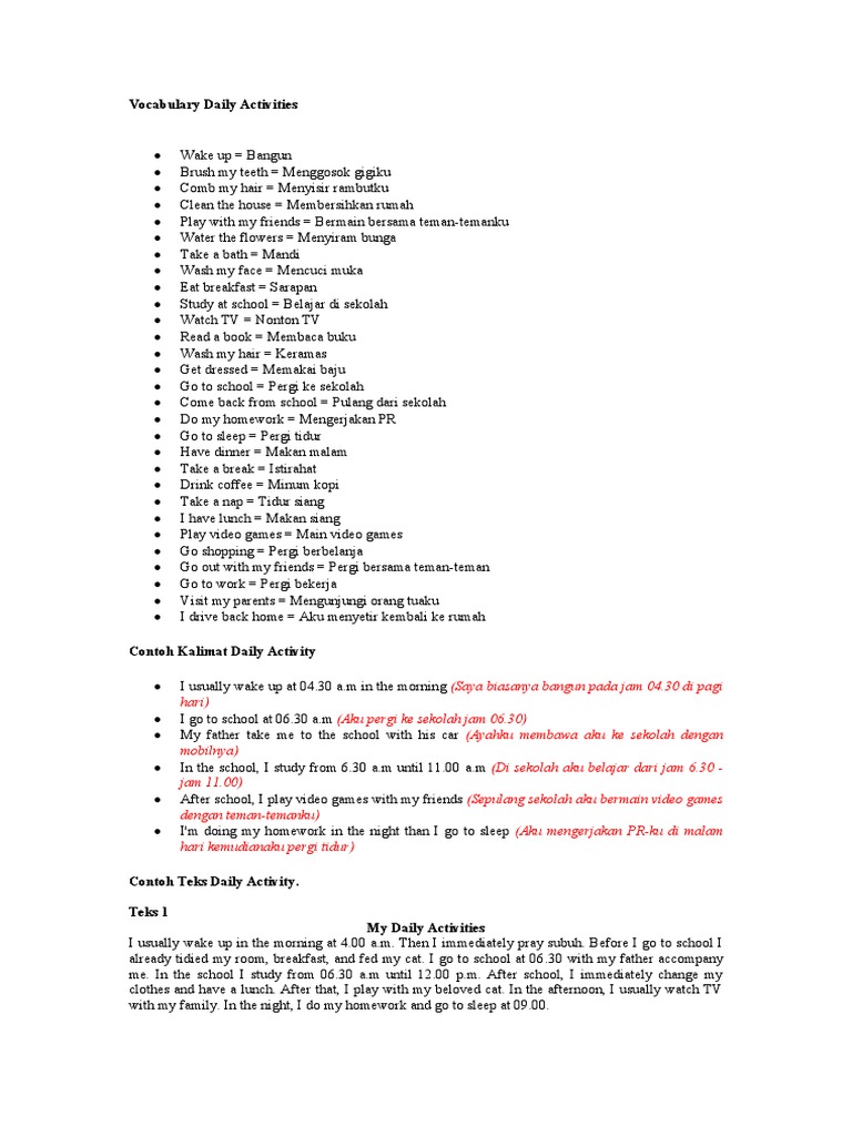 Vocabulary Daily Activities | PDF | Food And Drink