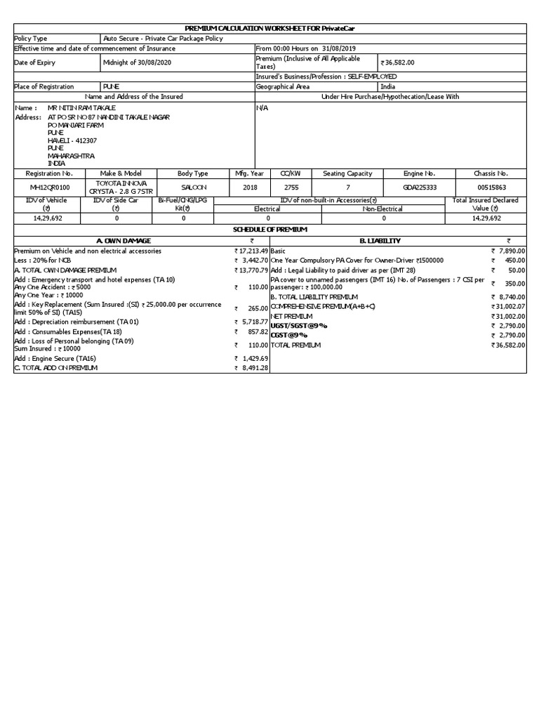Premium Calculation Worksheet For Privatecar | PDF | Insurance ...