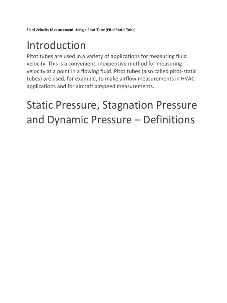 Pitot Tube Fluid Velocity Measurement | PDF | Pressure | Continuum ...