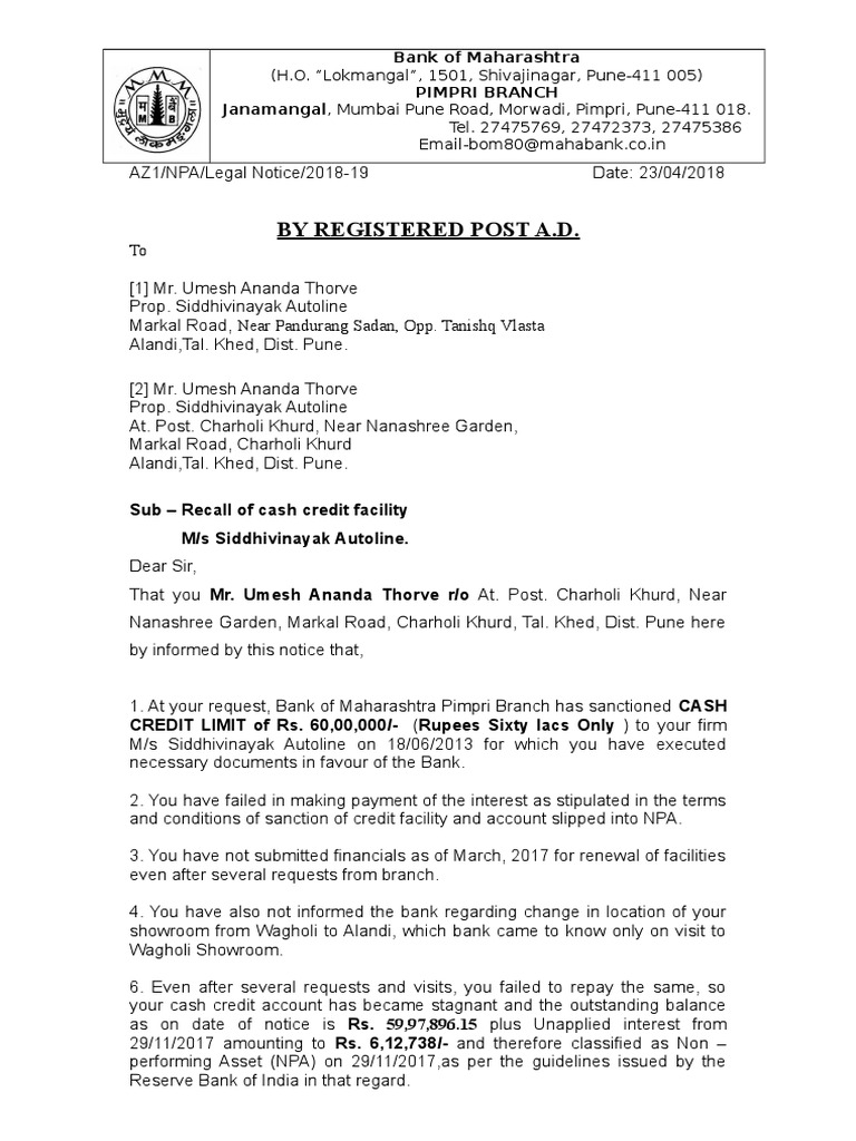 Loan Recall Notice for NPA Account | PDF | Credit | Finance & Money ...