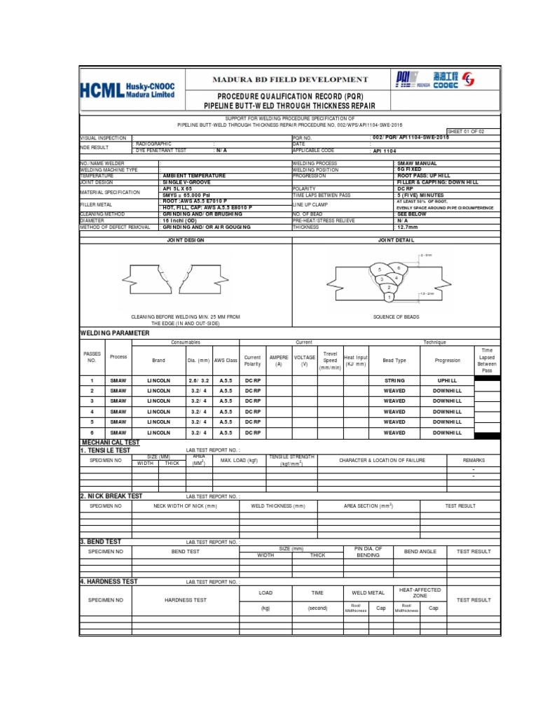 PQR Pipeline Butt-Weld Through Thickness Repair Procedure | PDF ...