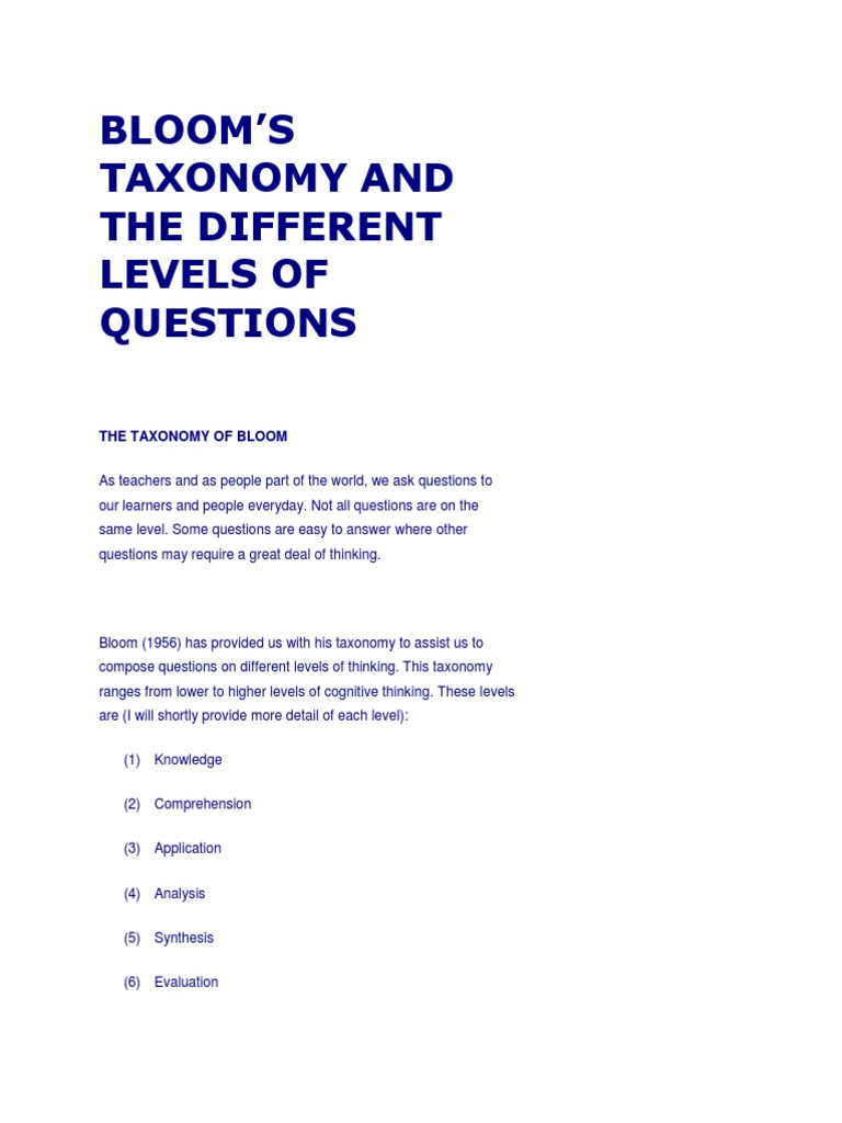Bloom'S Taxonomy and The Different Levels of Questions | Download Free ...