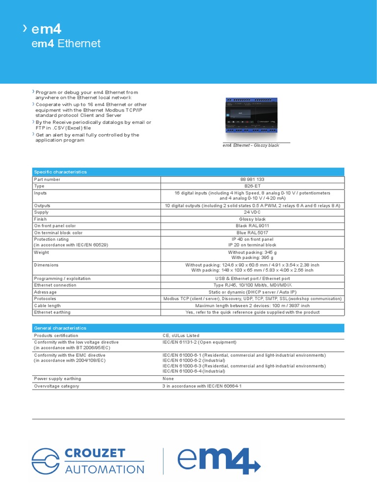 Datasheet Em4-Ethernet en | PDF | Internet Protocol Suite | Power Supply