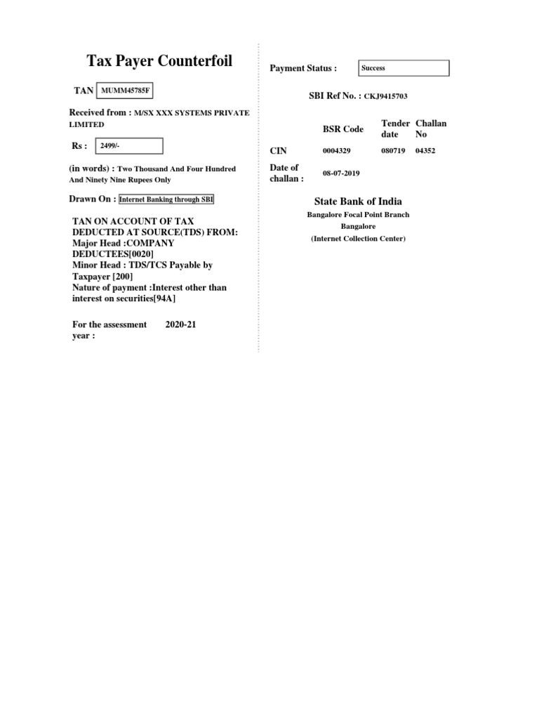 Taxpayer Counterfoil for TDS Payment | PDF