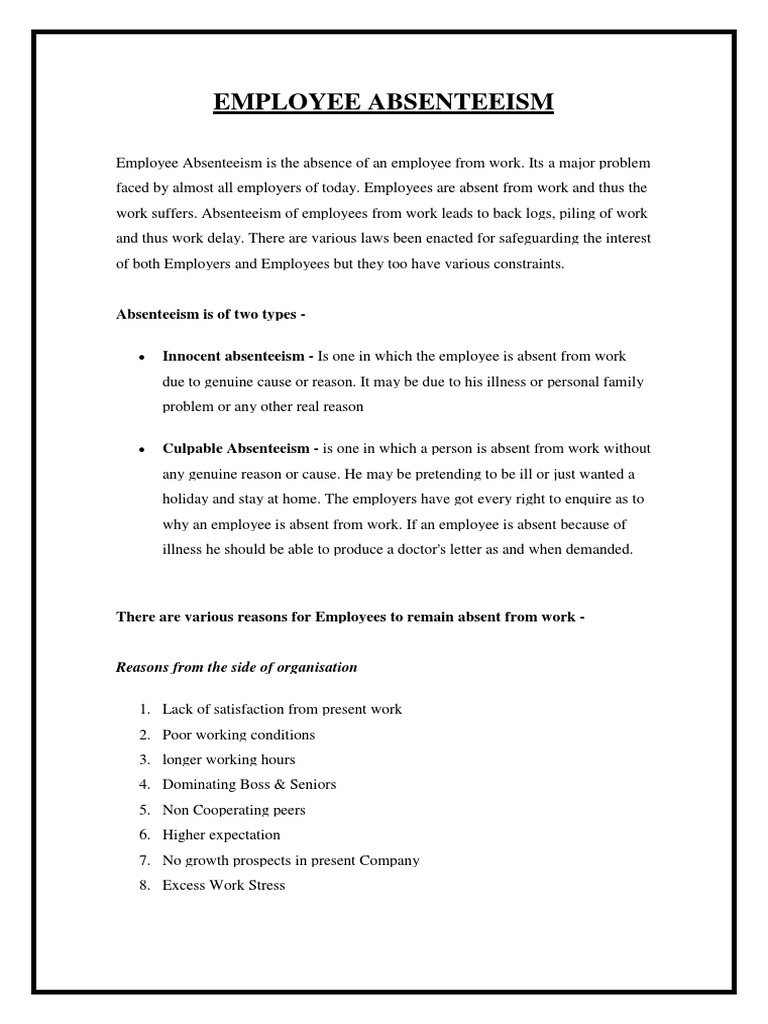 Managing Employee Absenteeism | PDF | Occupational Stress | Employment