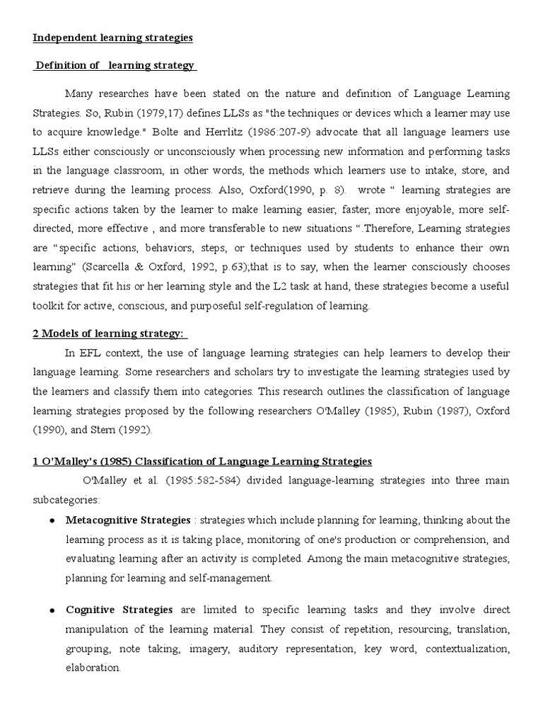 Independent Learning Strategies | PDF | Goal | Metacognition